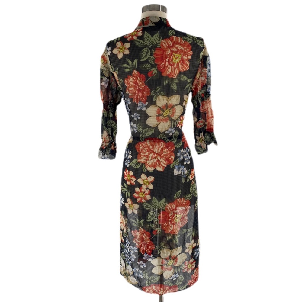 Zara Long Red Black Floral Print Button Down Dress - Gem